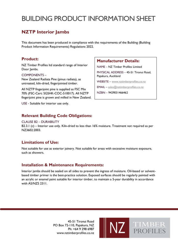 Building Product Information Requirements (BPIR) - NZ Timber Profiles ...